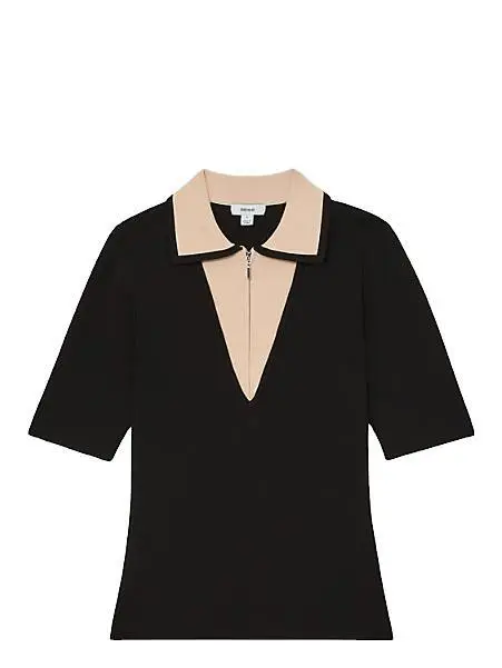 REISS Stella Contrast-collar Stretch-knit Top - Black Ivory
