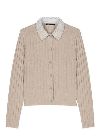 Maje Stretch Wool-blend Cardigan With Removable Beaded Collar - Beige