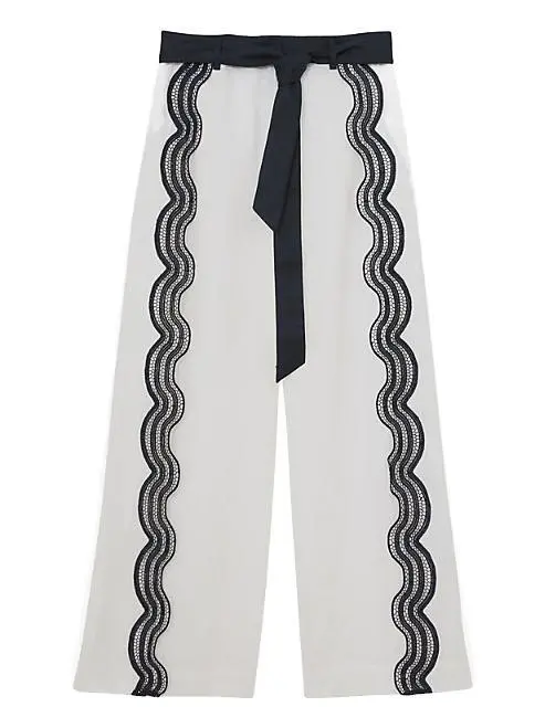 REISS Side-split Scalloped Woven Trousers - Ivory Navy