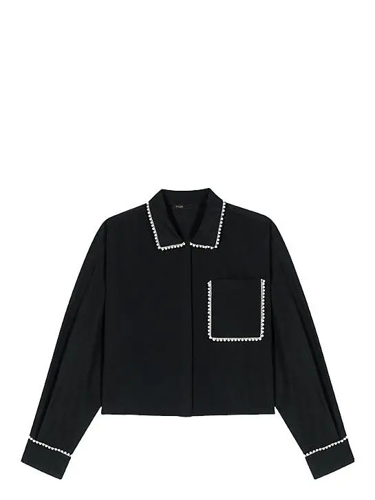 Maje Cropped Embroidered-trim Woven Shirt - Black