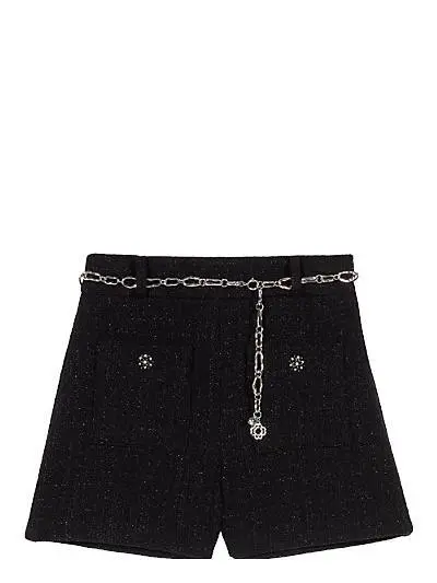 Maje Belted Waist Tweed Shorts - Black
