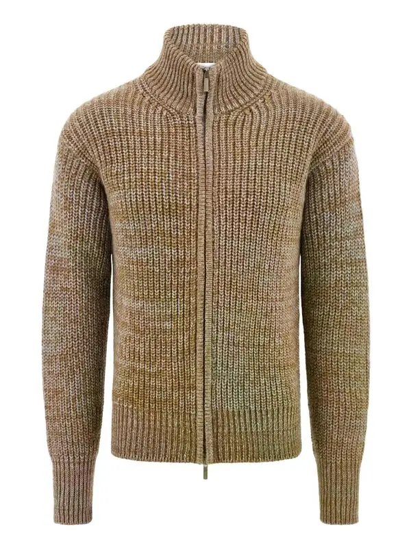 FERRAGAMO High Neck Rib Knit Cardigan - Brown