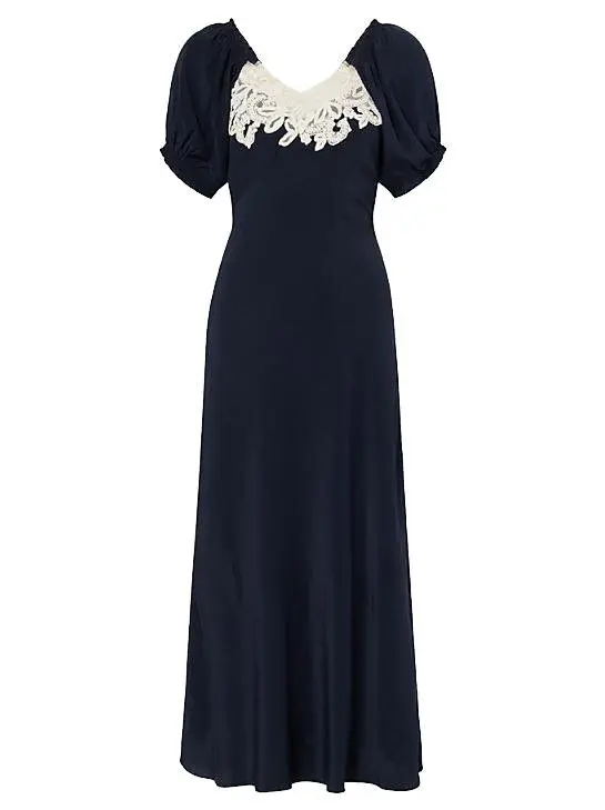 Rixo Ilaria Lace-embroidery Silk Midi Dress - Deep Navy