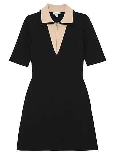REISS Contrast-collar Stretch-knit Mini Dress - Black Ivory