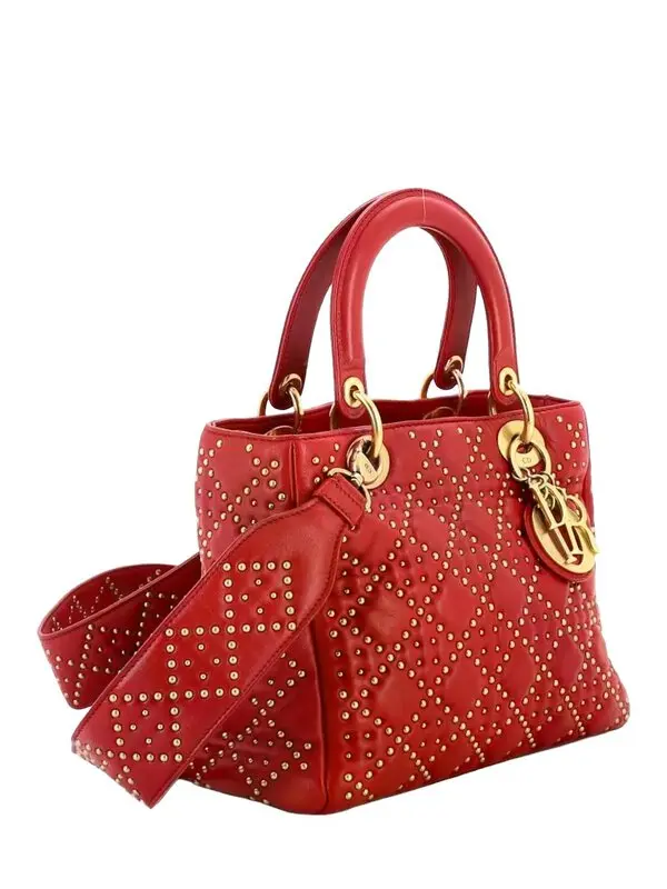 Dior Supple Lady Cannage Studded Lambskin Medium Satchel - Red