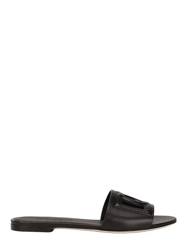 Dolce & Gabbana Leather Flat Sandals With Logo - Black