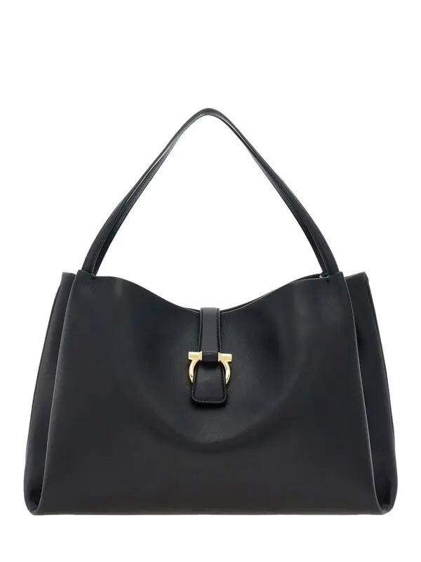 FERRAGAMO Large Leather Shoulder Bag With Gancini Buckle - Black