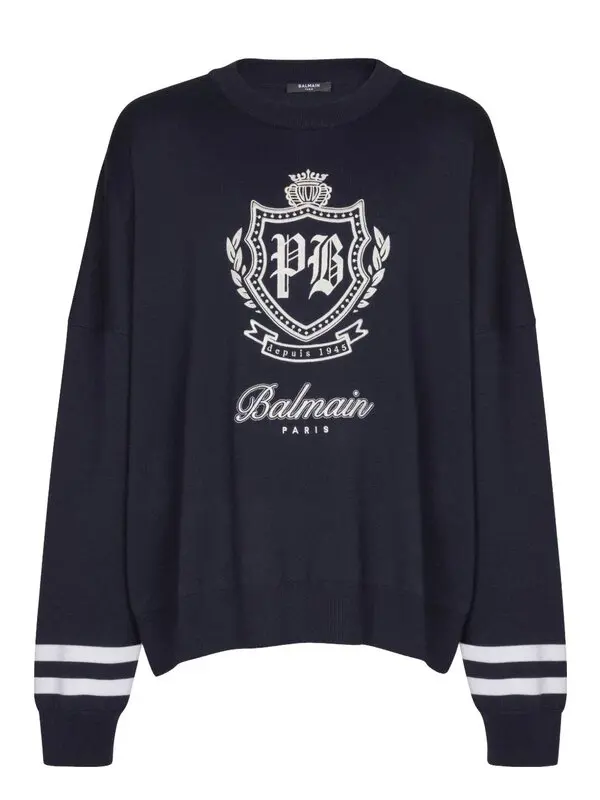Balmain Wool Sweater With Logo - Blue