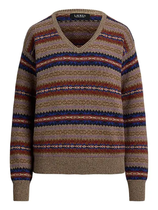 Ralph Lauren V-neck Fair Isle Motif Striped Sweater - Beige