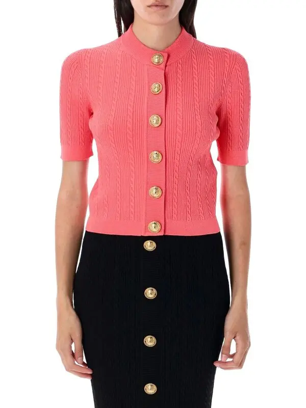 Balmain Crewneck Cable Knit Cardigan - Orange