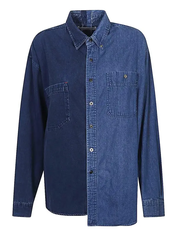 E.L.V. DENIM Cotton Denim Shirt With Pointed Collar And Chest Pockets - Blue