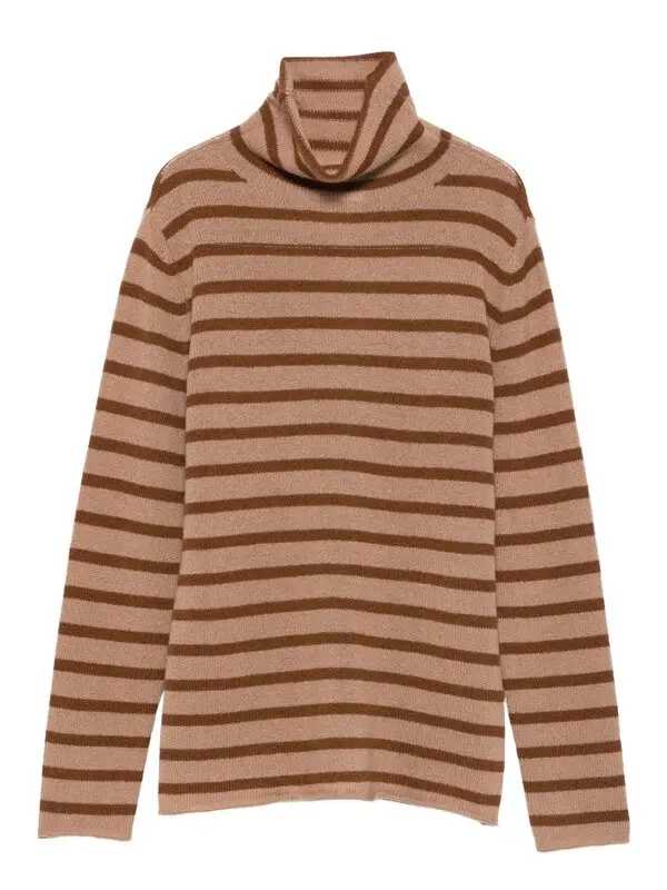 BEYOU Striped Cashmere Turtleneck Sweater - Beige