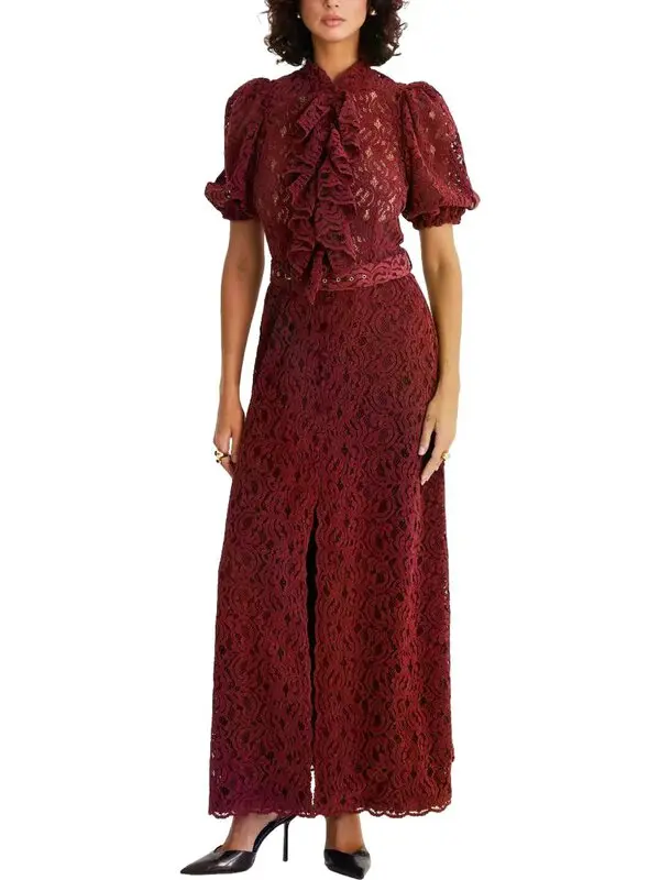 MOOS STUDIO Ruffled Lace Maxi Dress - Red