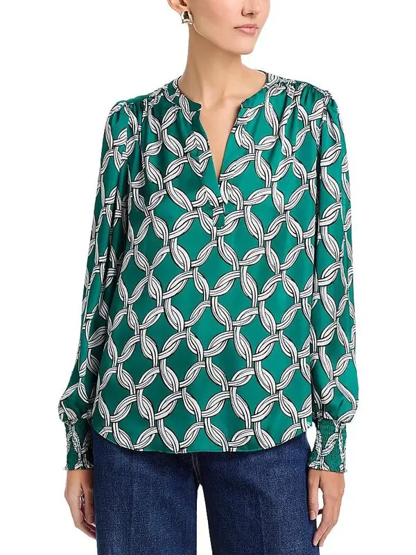 T Tahari Long Sleeve Split Neck Blouse With Smocked Cuffs - Infinity Chain