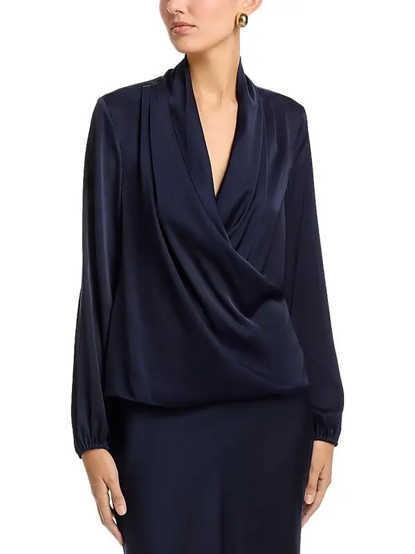 T Tahari Long Sleeved Wrap Bodice Blouse - Navy
