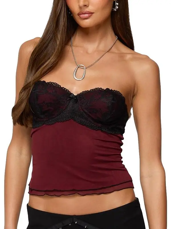 EDIKTED Contrast Lacey Mesh Bra Top - Burgundy