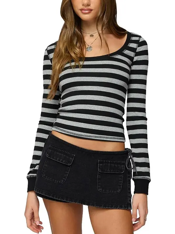 EDIKTED Striped Long Sleeve Top - Black-and-gray