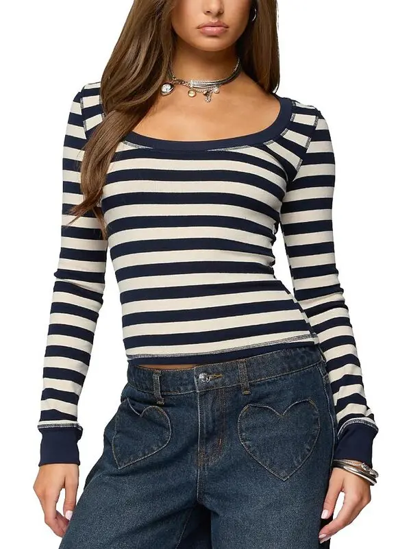 EDIKTED Striped Long Sleeve Top - Navy-and-cream