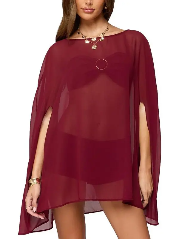 EDIKTED Sheer Chiffon Poncho - Burgundy