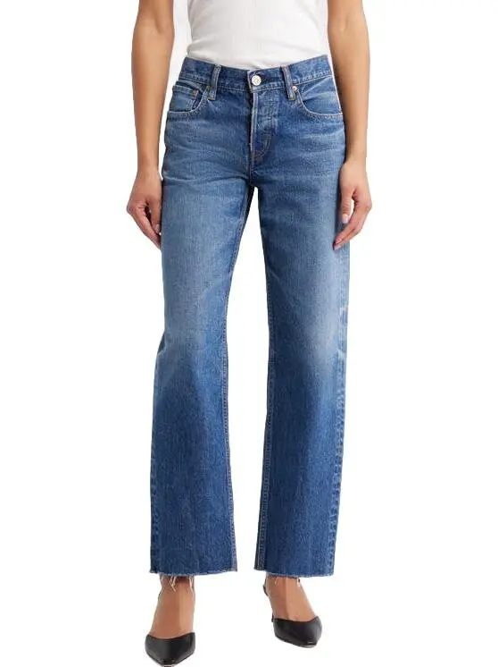 Moussy Vintage Needham Raw Hem Straight Leg Jeans - Blue