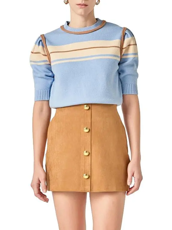 English Factory Striped Puff Sleeve Sweater - Powder Blue Multi
