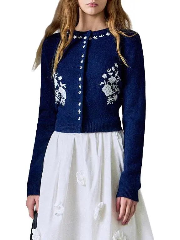 English Factory Floral Embroidered Cardigan - Navy/white