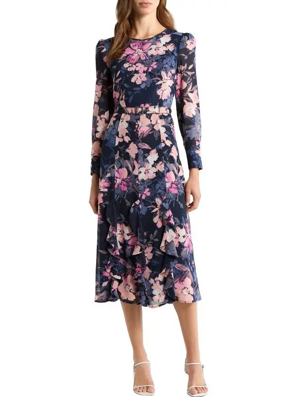 TAHARI ASL Floral Belted Ruffle Hem Midi Dress - Navy Peri Floral