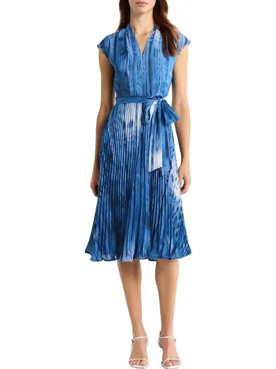 TAHARI ASL Printed Plissé Tie Waist Midi Dress - Blue Multi