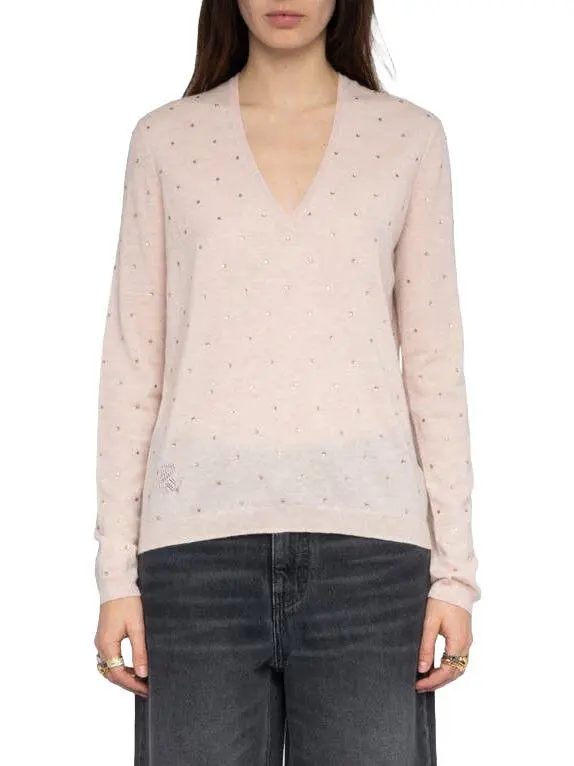 Zadig&Voltaire Rivy Rhinestone Embellished Cashmere V-neck Sweater - Pearly