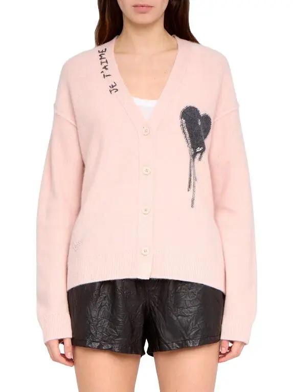 Zadig&Voltaire Mikyza Heart Appliqué Cashmere Cardigan - Pearly