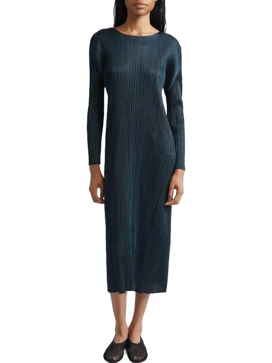 Issey Miyake Pleated Long Sleeve Midi Dress - Charcoal
