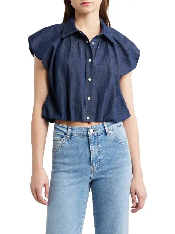 FRAME Shell Denim Puff Sleeve Crop Top - Puzzle