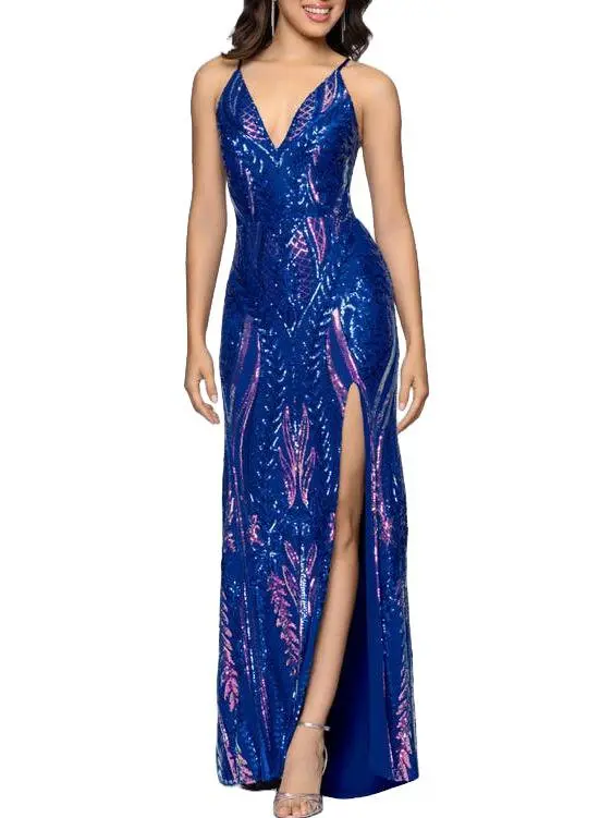 BLONDIE NITES Sequin V-neck Gown - Royal Multi