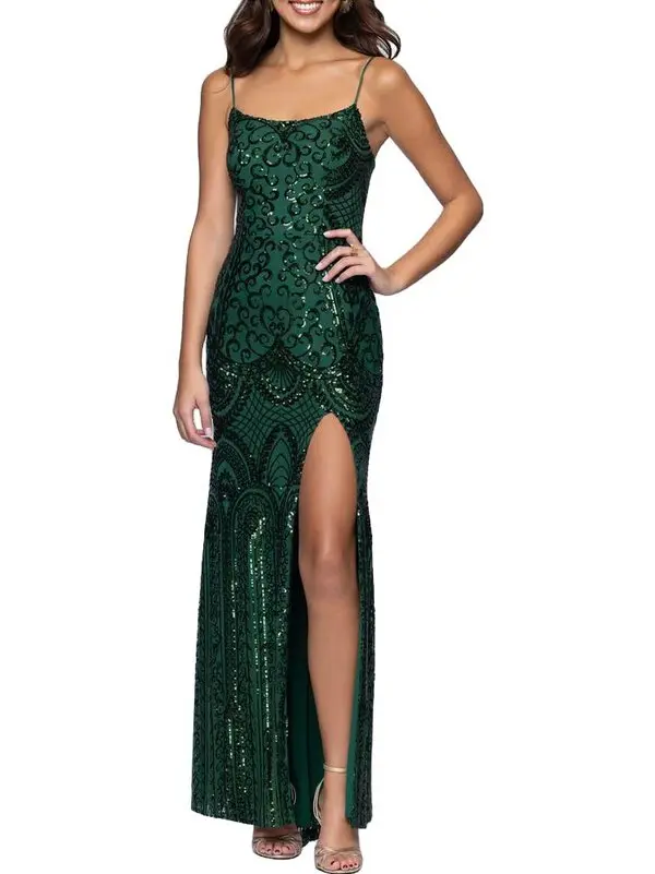 BLONDIE NITES Sequin Scroll Detail Body-con Gown - Hunter
