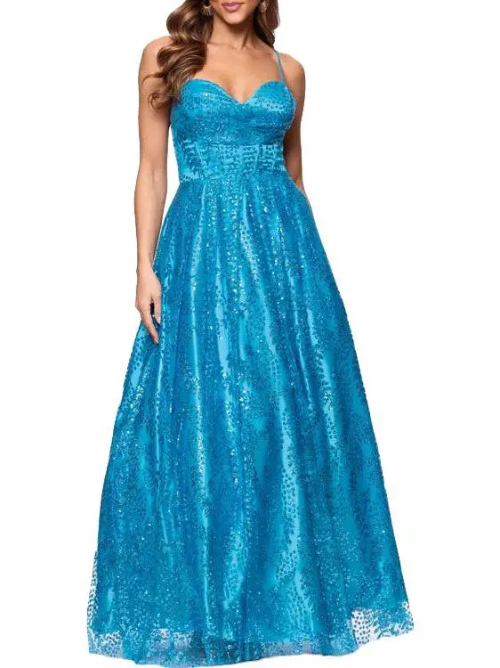 BLONDIE NITES Glitter Dot & Leaf Ballgown - Aqua