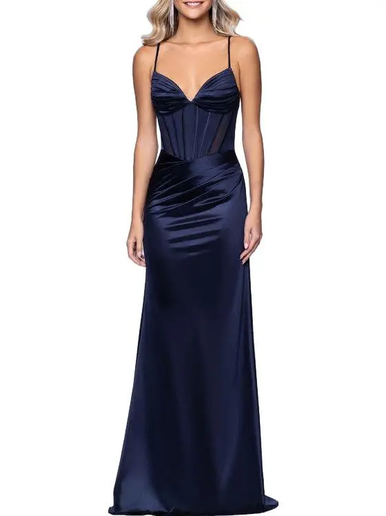 BLONDIE NITES Satin Column Gown - Navy