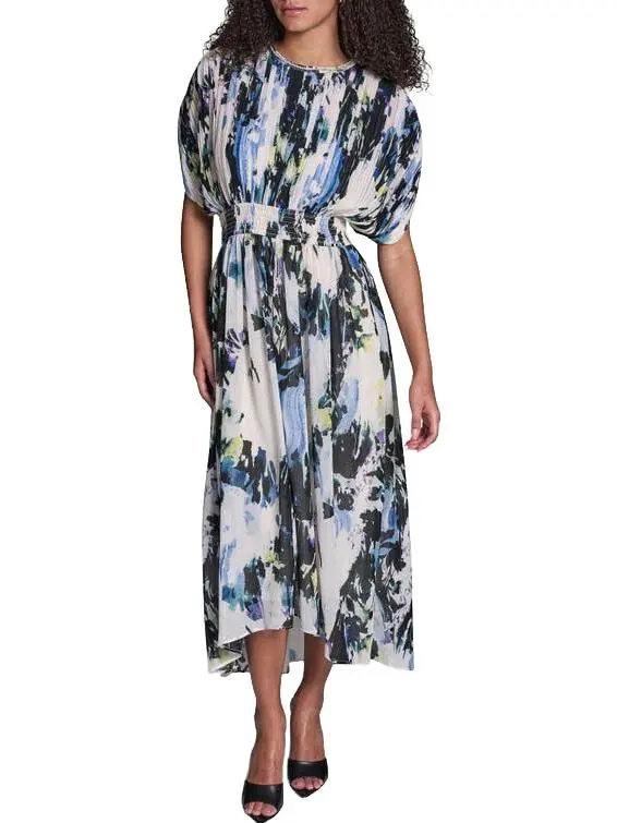 Bcbgmaxazria Abstract Print Plissé Chiffon Midi Dress - Parchment Multi