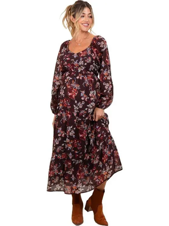 PINKBLUSH Floral V-neck Bubble Sleeve Maxi Dress - Brown