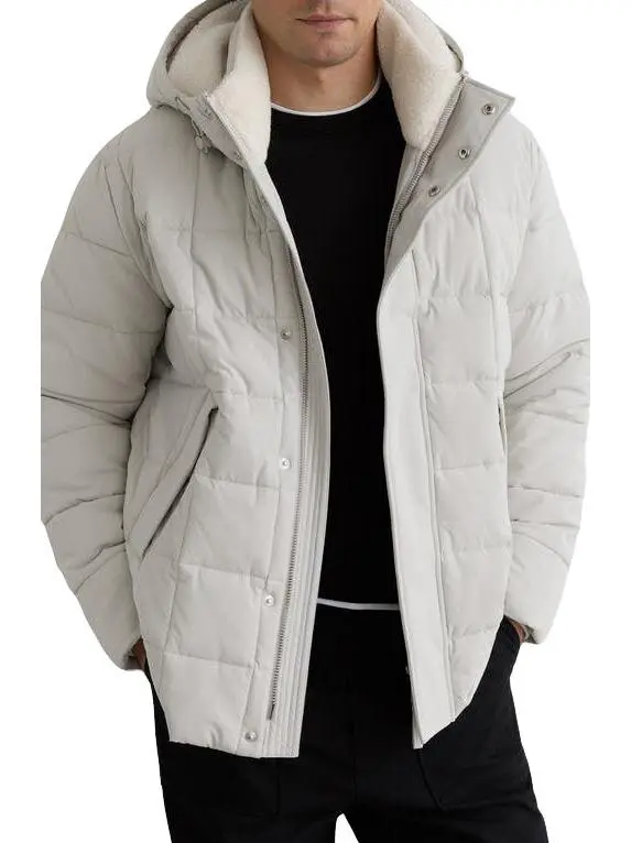 REISS Quilted Jacket With Faux Shearling Hood - Stone