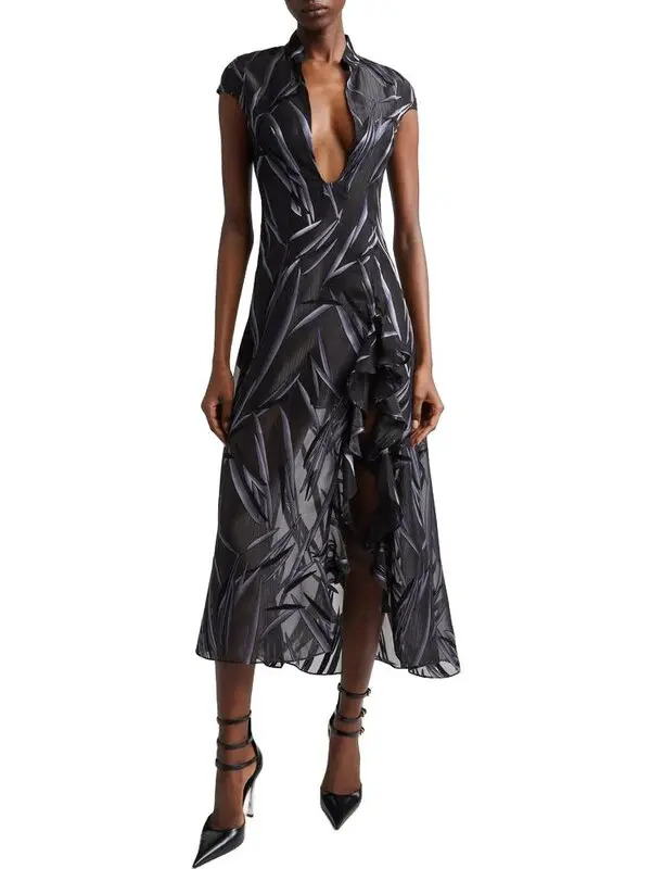 KIM SHUI Chiffon Plunge Neck Dress - Smoke
