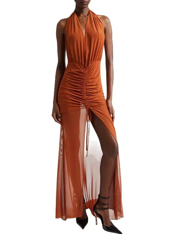 KIM SHUI Mesh Halter Dress - Rust