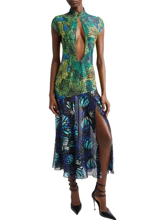 KIM SHUI Butterfly Print Lace & Silk Chiffon Plunge Neck Dress - Green