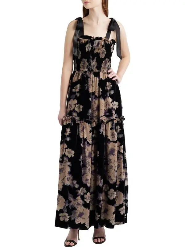 EN SAISON Rowan Floral Tie Shoulder Maxi Dress - Black Purple