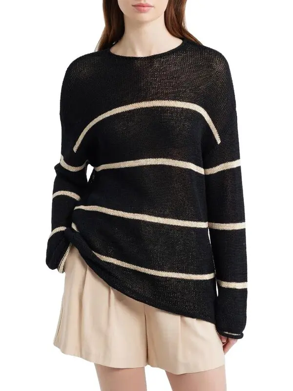 Rails Evangeline Stripe Cotton & Linen Blend Sweater - Black Linen Stripe