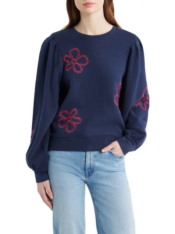Rails Floral Embroidered Balloon Sleeve Sweatshirt - Navy