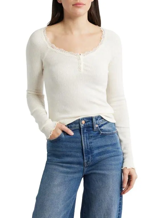 Lucky Brand Lace Trim Henley Top - Whisper White