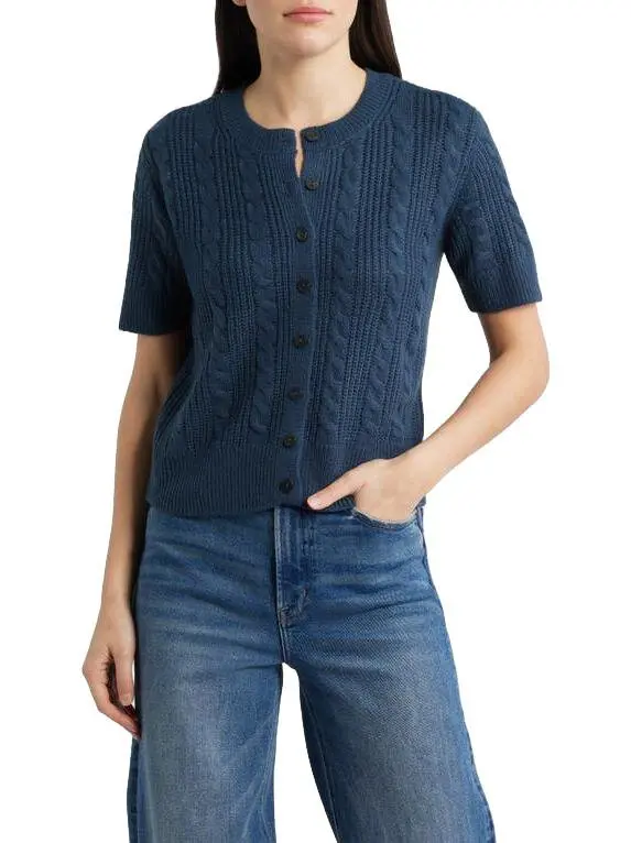 Lucky Brand Short Sleeve Cable Cardigan - Midnight Navy