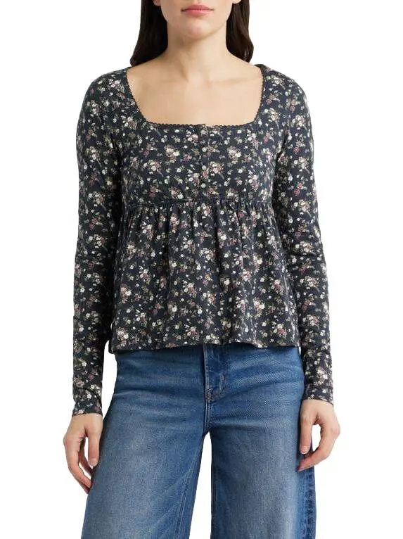 Lucky Brand Babydoll Henley Floral Top - Black Floral