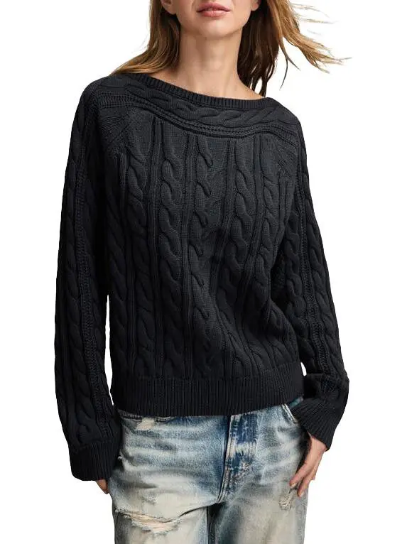 Lucky Brand Cable Stitch Boat Neck Cotton Sweater - Midnight Navy