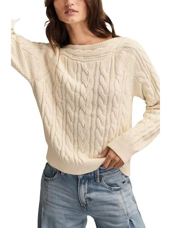 Lucky Brand Cable Stitch Boat Neck Cotton Sweater - Whitecap Gray